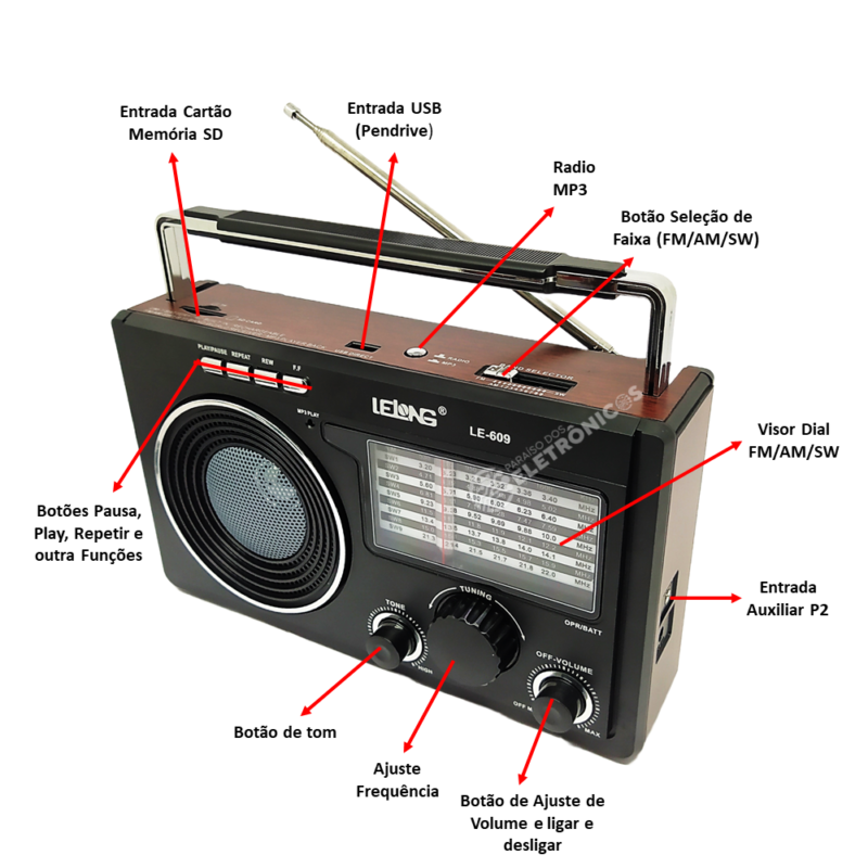 Rádio Retro Recarregável AM FM SD USB MP3 Bivolt Bluetooth LE609 ...