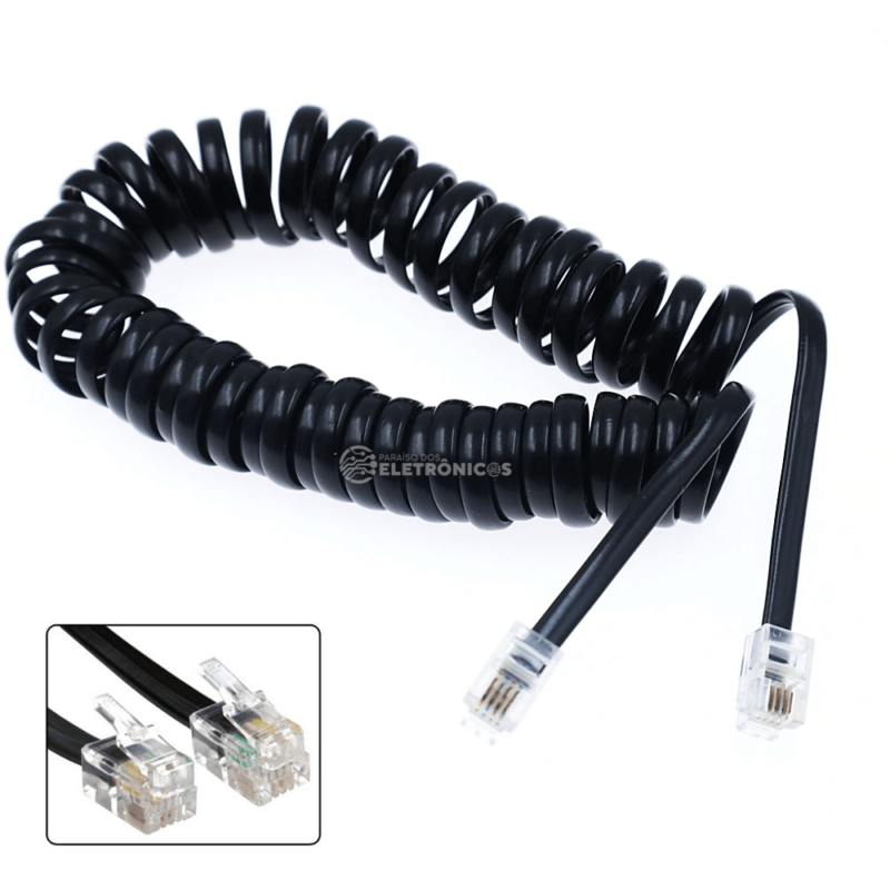 Cabo Espiral Telefone Conector Rj11 Preto 2 Metros Alta Qualidade ...