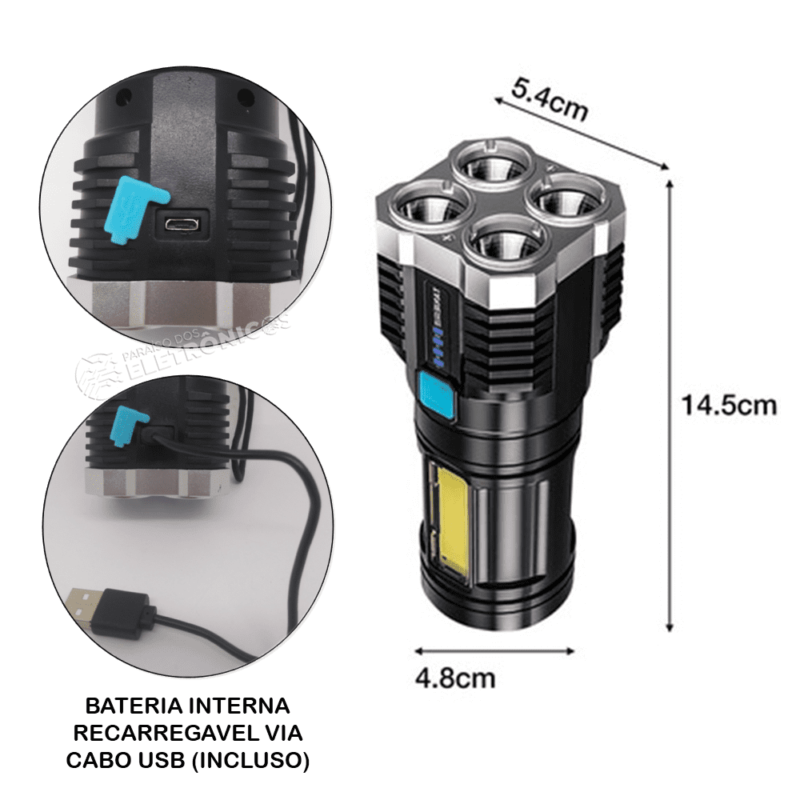 Lanterna Multifuncional 4 Leds Recarregável Função Strob 800 lumens ...