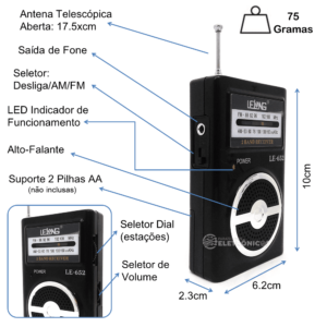 Rádio Portátil Analógico AM / FM Com Fone de Ouvido Preto – LE652 ...