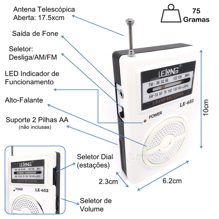 Rádio Portátil Analógico AM / FM Com Fone de Ouvido Branco – LE652 ...